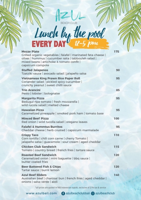 Azul Beach Club Food & Beverage Menus - Lunch / Dinner