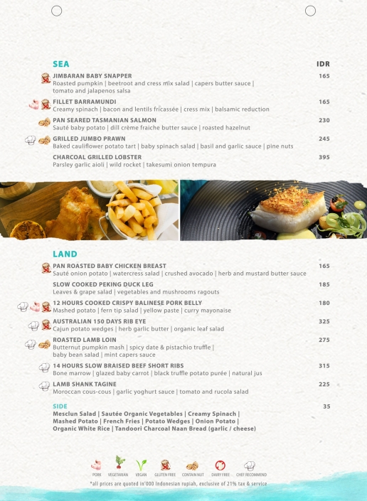 Azul Beach Club Food & Beverage Menus - Lunch / Dinner