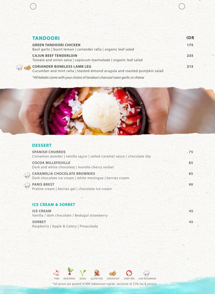 Azul Beach Club Food & Beverage Menus - Lunch / Dinner