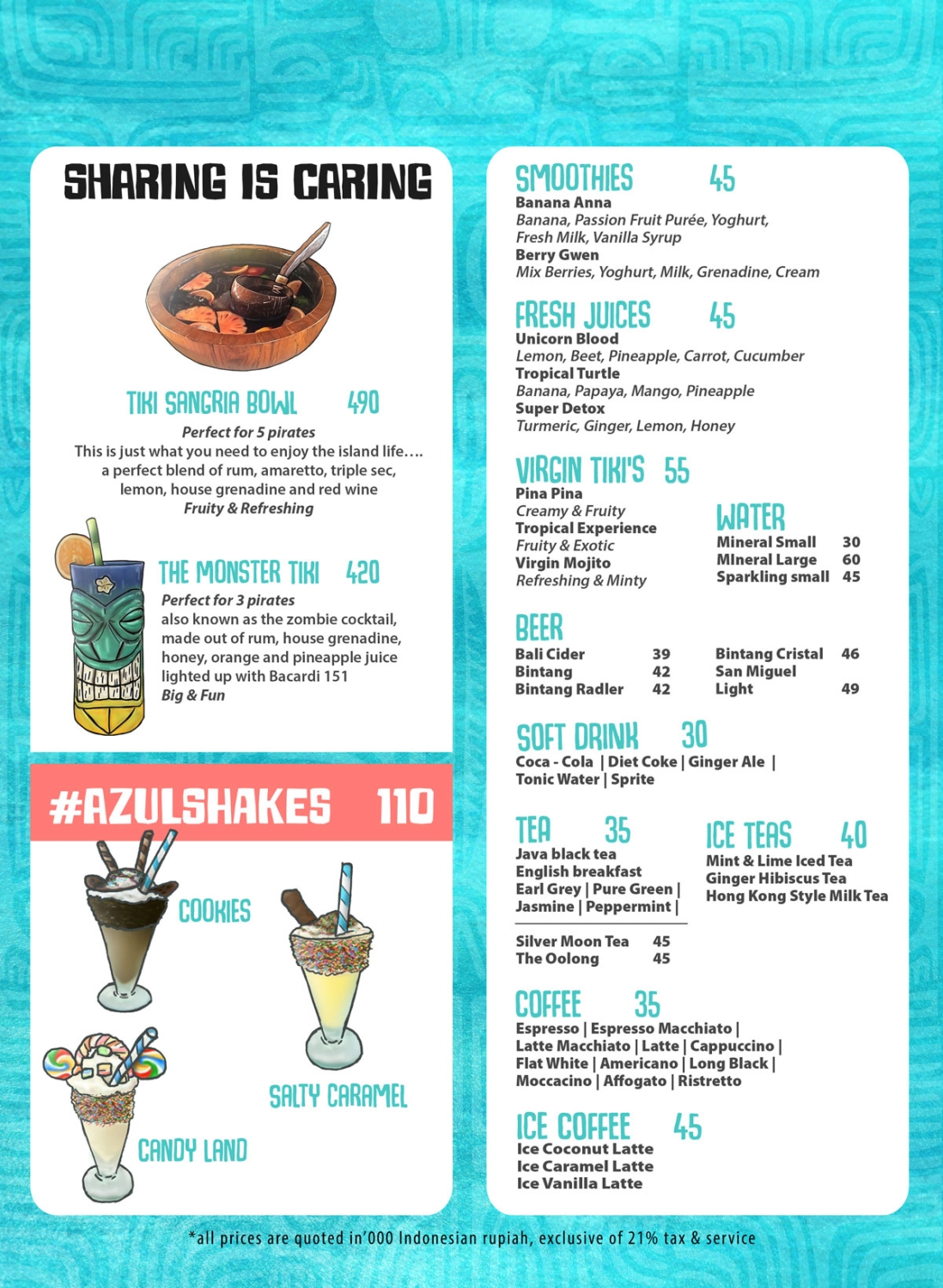 Azul Beach Club Food & Beverage Menus - Lunch / Dinner