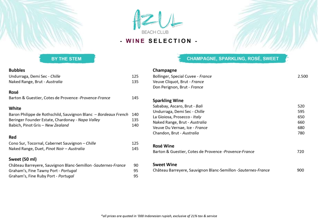 Azul Beach Club Food & Beverage Menus - Lunch / Dinner