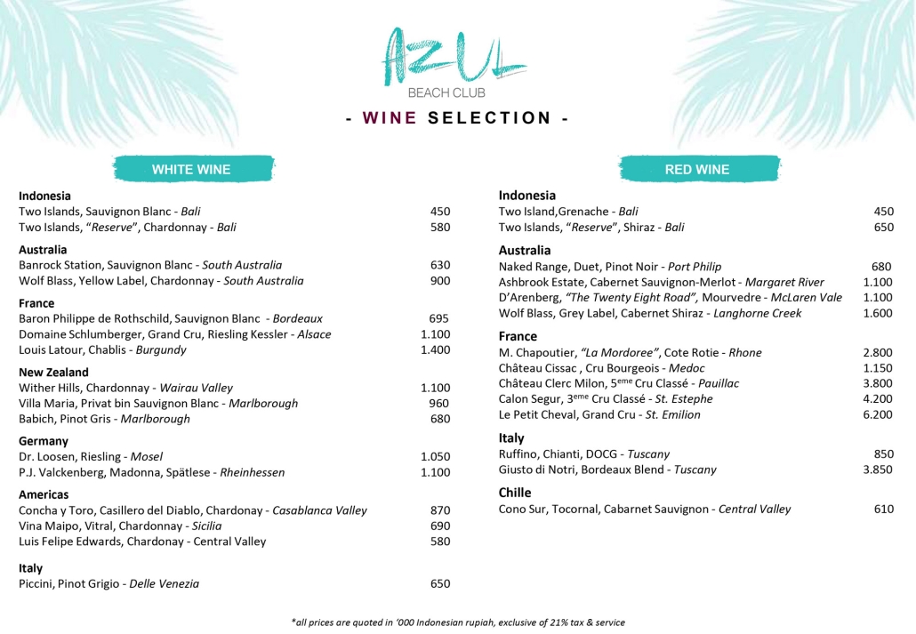Azul Beach Club Food & Beverage Menus - Lunch / Dinner