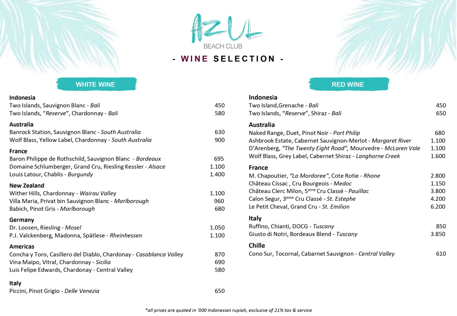 Azul Beach Club Food & Beverage Menus - Lunch / Dinner