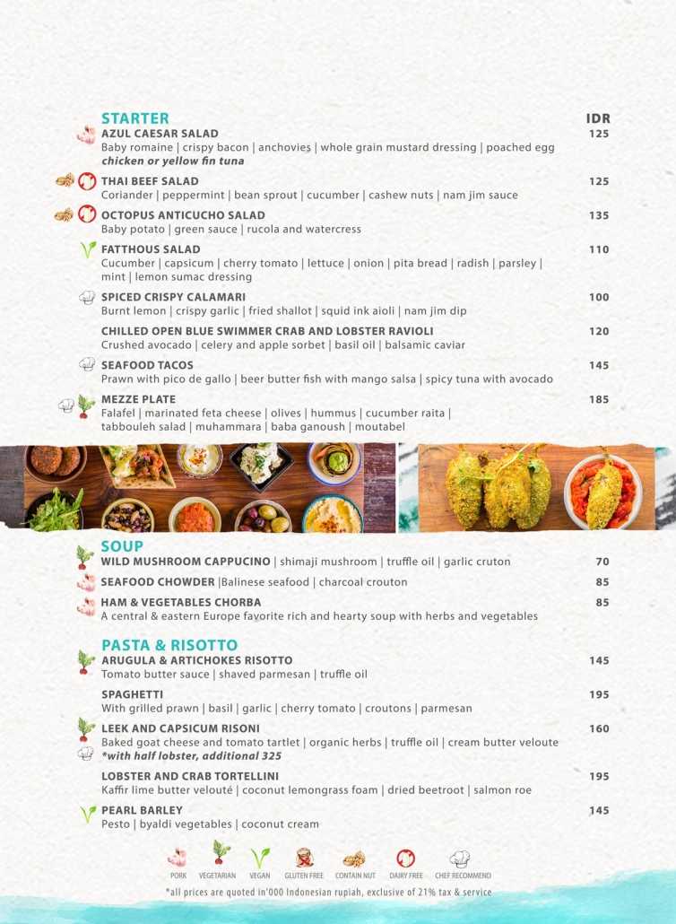 Azul Beach Club Food & Beverage Menus - Lunch / Dinner
