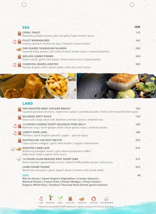 Azul Beach Club Food & Beverage Menus - Lunch / Dinner