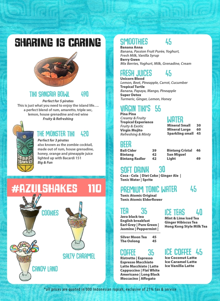 Azul Beach Club Food & Beverage Menus - Lunch / Dinner