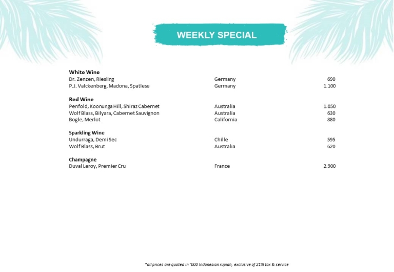 Azul Beach Club Food & Beverage Menus - Lunch / Dinner