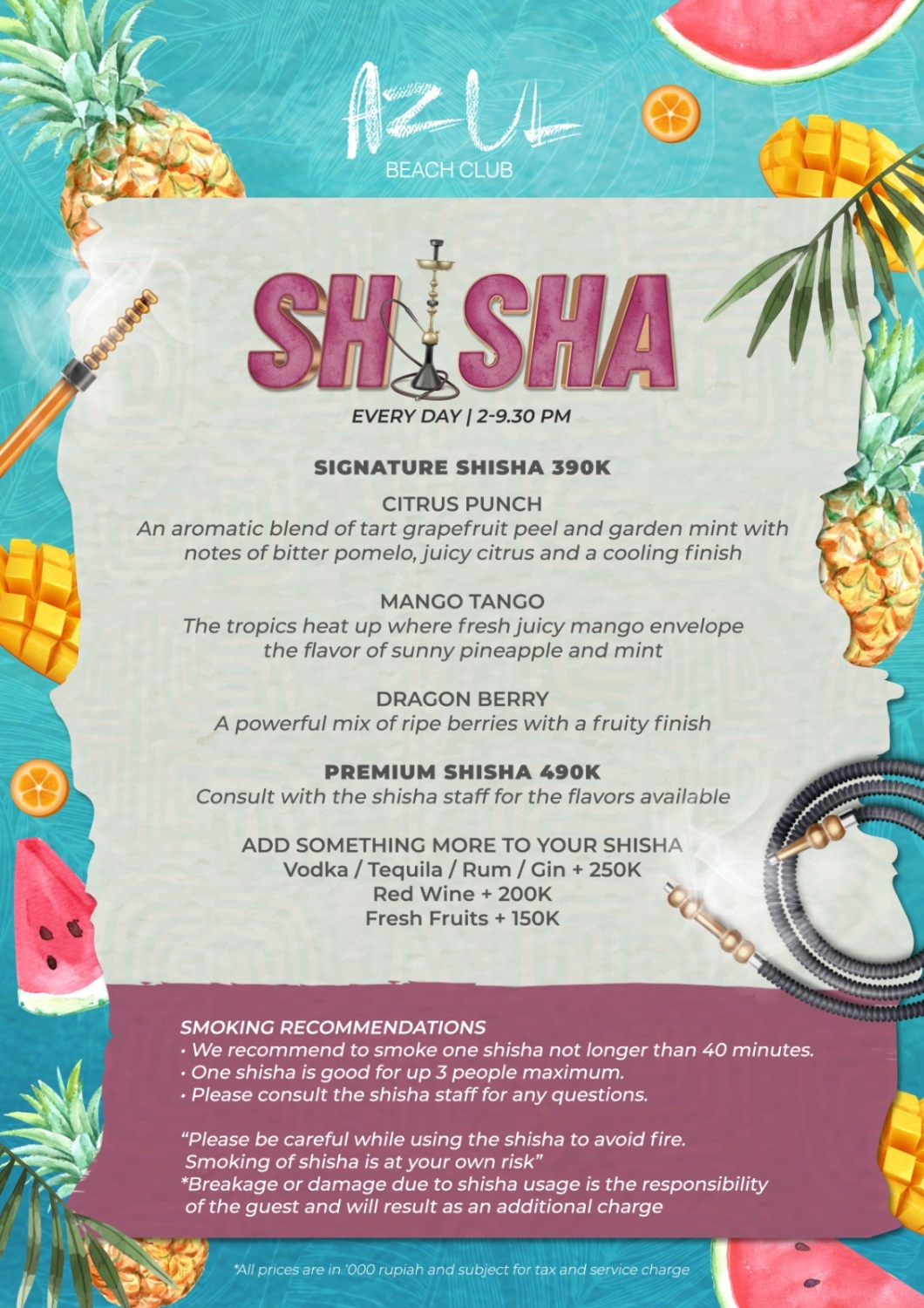 Azul Beach Club Food & Beverage Menus - Lunch / Dinner