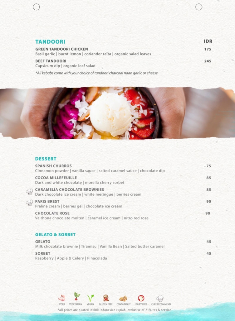 Azul Beach Club Food & Beverage Menus - Lunch / Dinner