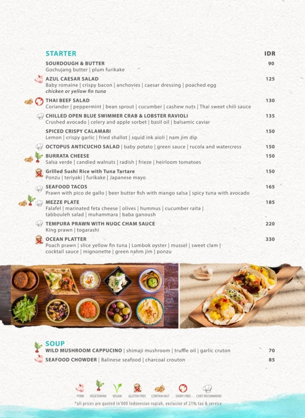 Azul Beach Club Food & Beverage Menus - Lunch / Dinner