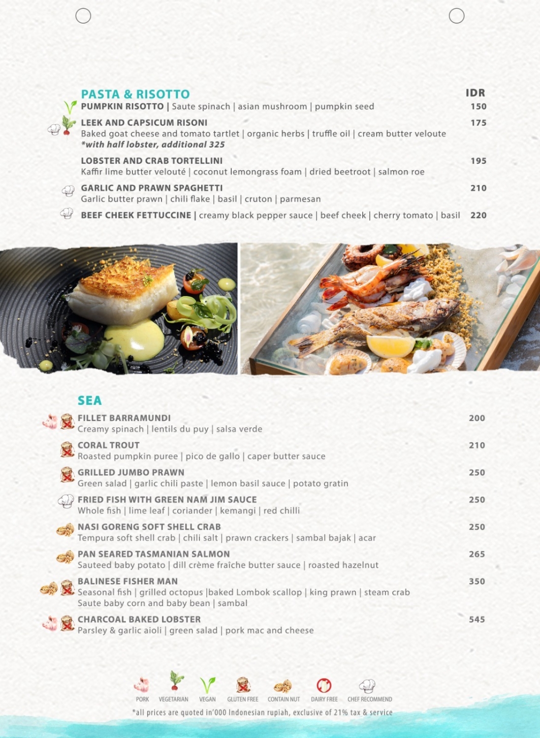 Azul Beach Club Food & Beverage Menus - Lunch / Dinner